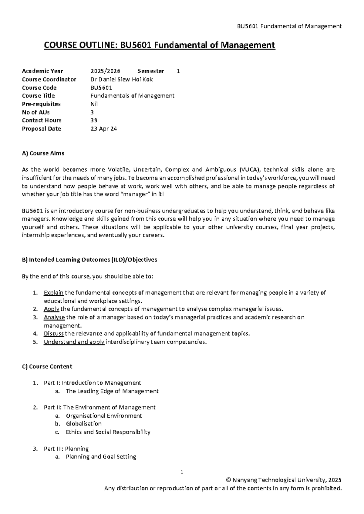 BU5601 Fundamentals of Management Course Outline S1AY2025 - Studocu