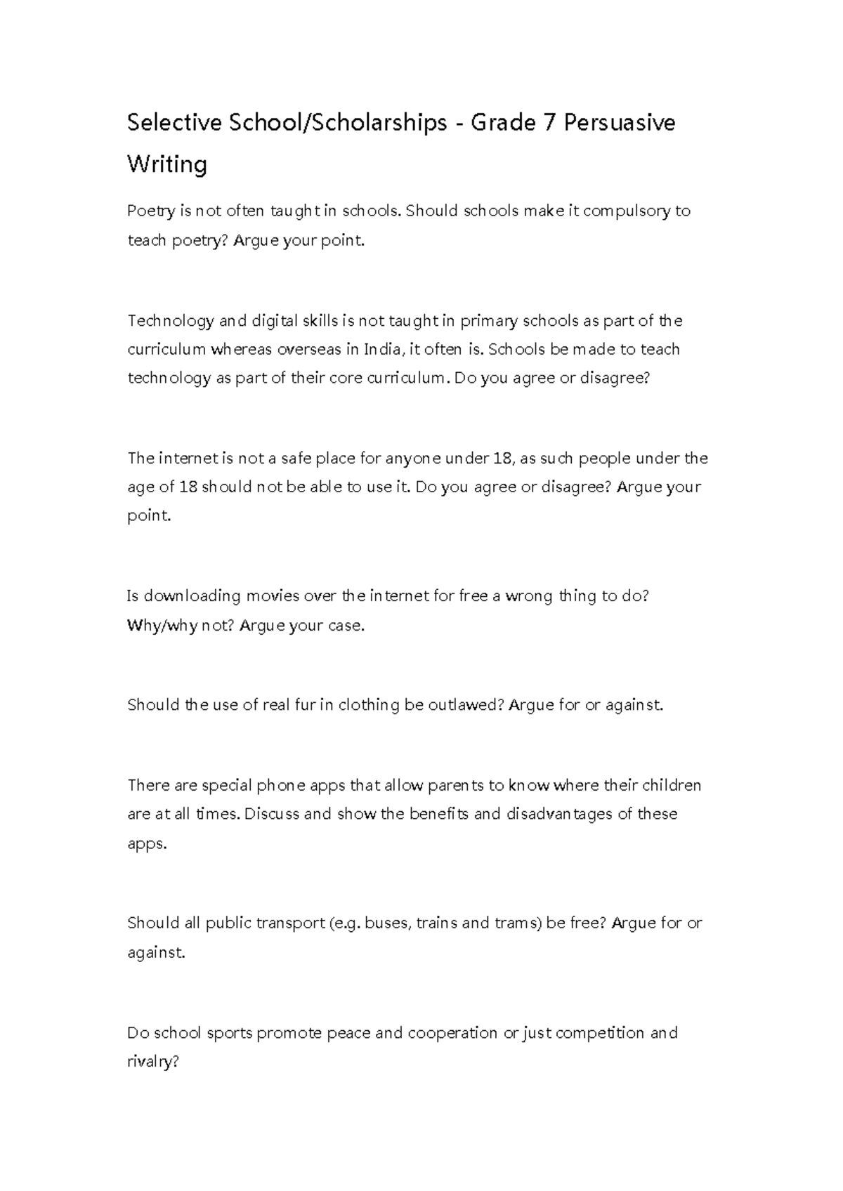 Persuasive Essay Writing Topics 1 - Selective School/Scholarships ...