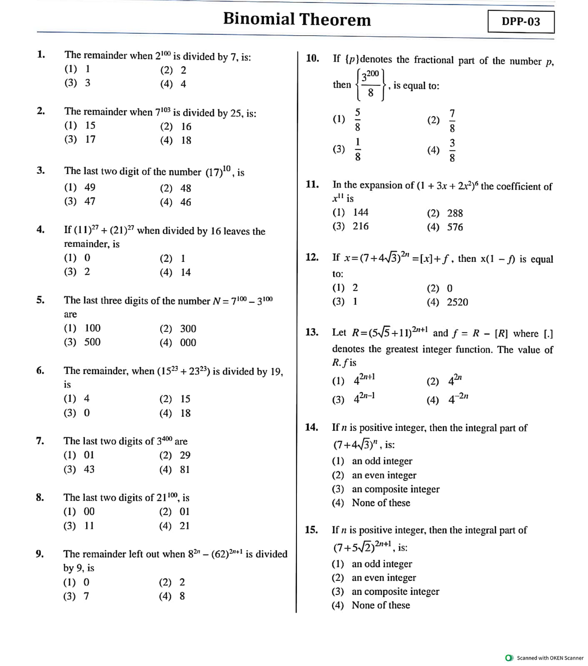 Binomial theorem worksheet - Binomial Theorem 1. The remainder when ...