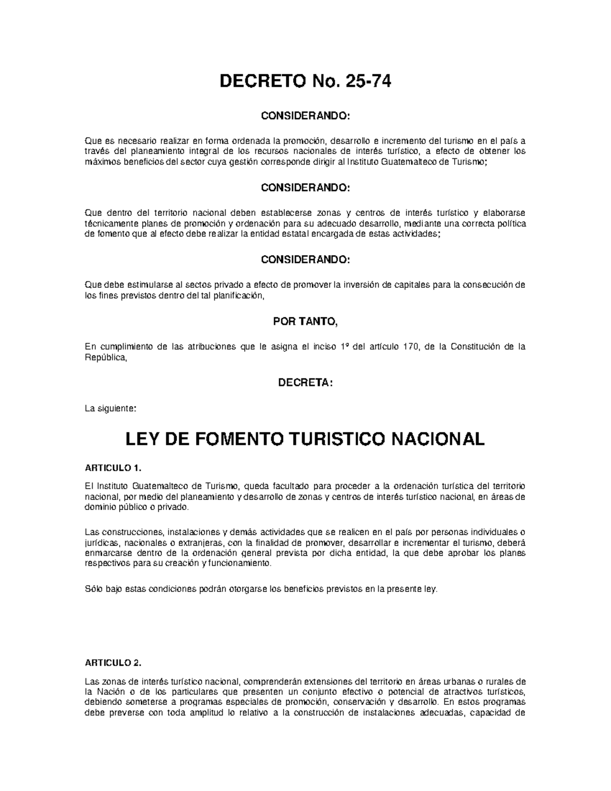 LEY DE FOMENTO TURÍSTICO NACIONAL - DECRETO No. 1974 - Studocu