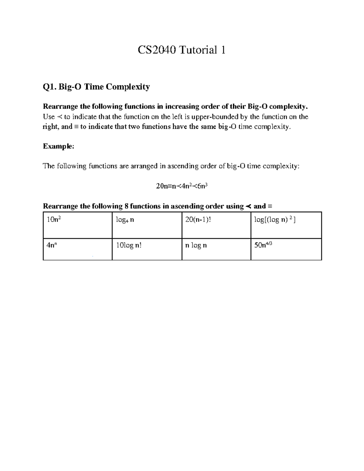 CS2040DE Tutorial 1: Big-O Time Complexity & Algorithms Analysis - Studocu