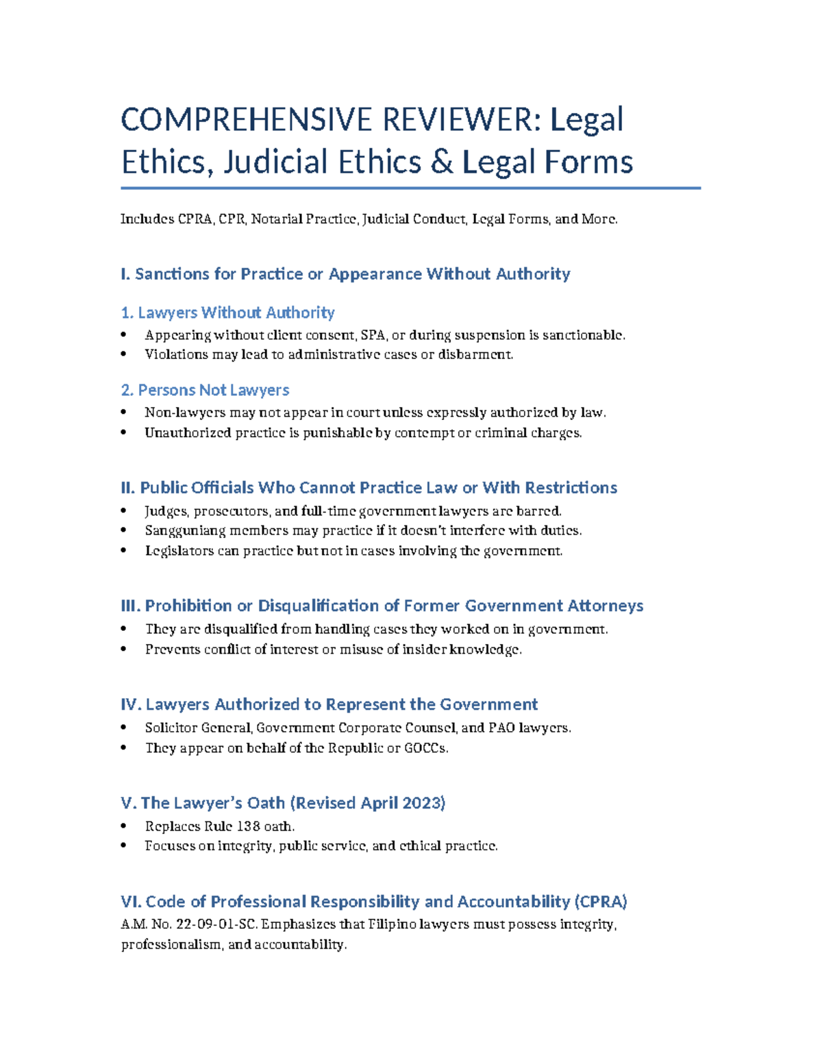 Full Legal Ethics Reviewer 2025: CPRA, CPR, and Judicial Conduct - Studocu