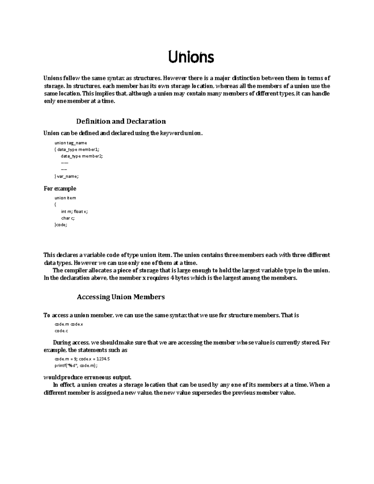 Unions in C , definition and declaration, accessing union members ,initialization of union - Studocu