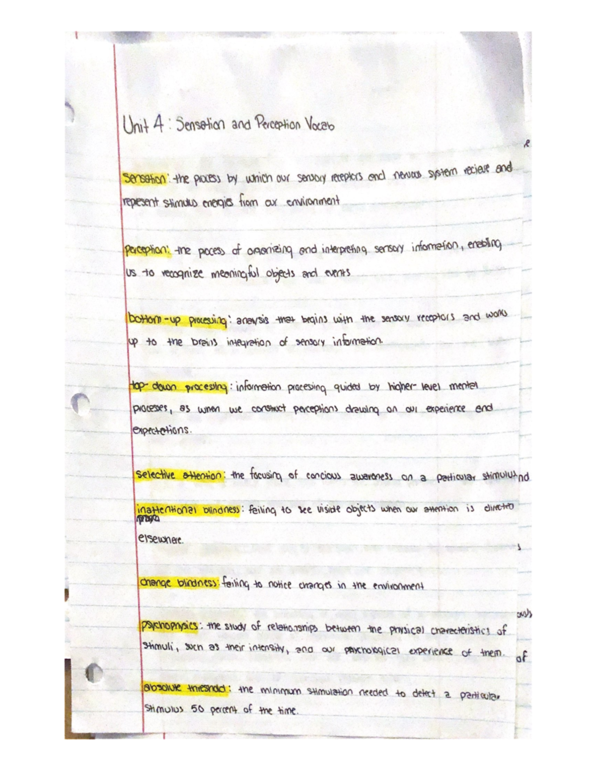 AP Psych Unit 4 - Vocab - Unit A : Sensation and Perception Vocab R ...