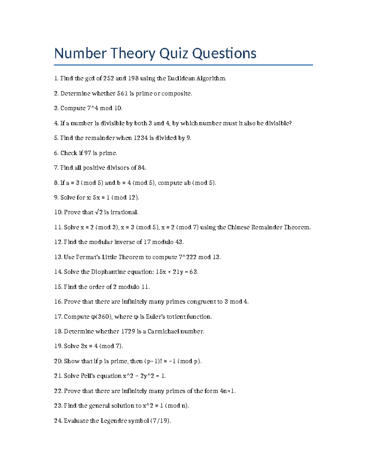 Number Theory Quiz Questions: Real Problems and Solutions - Studocu