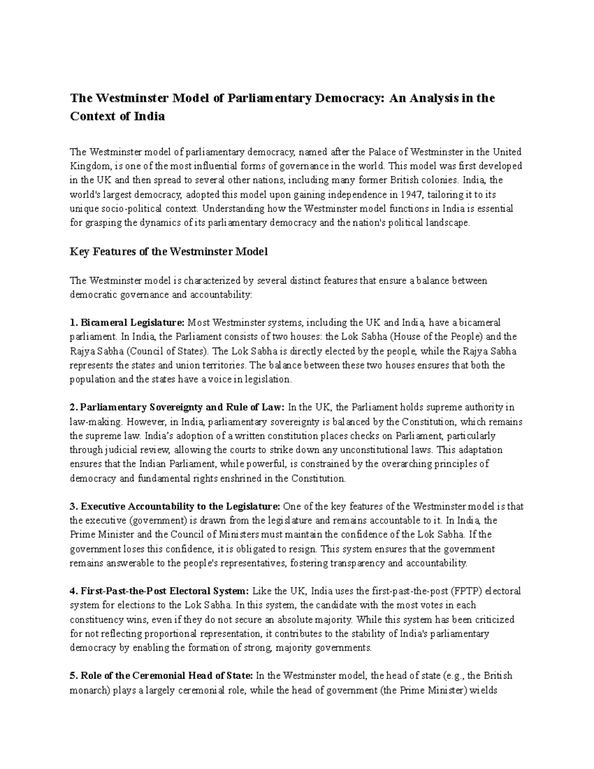 The Westminster Model of Parliamentary Democracy in India: Analysis ...