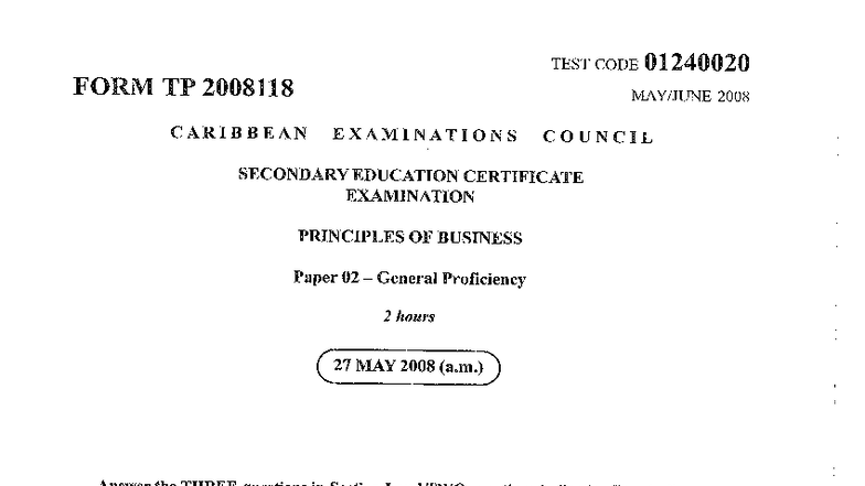 CSEC POB 2008 Paper 02 Past Exam - Principles of Business Exam - Studocu