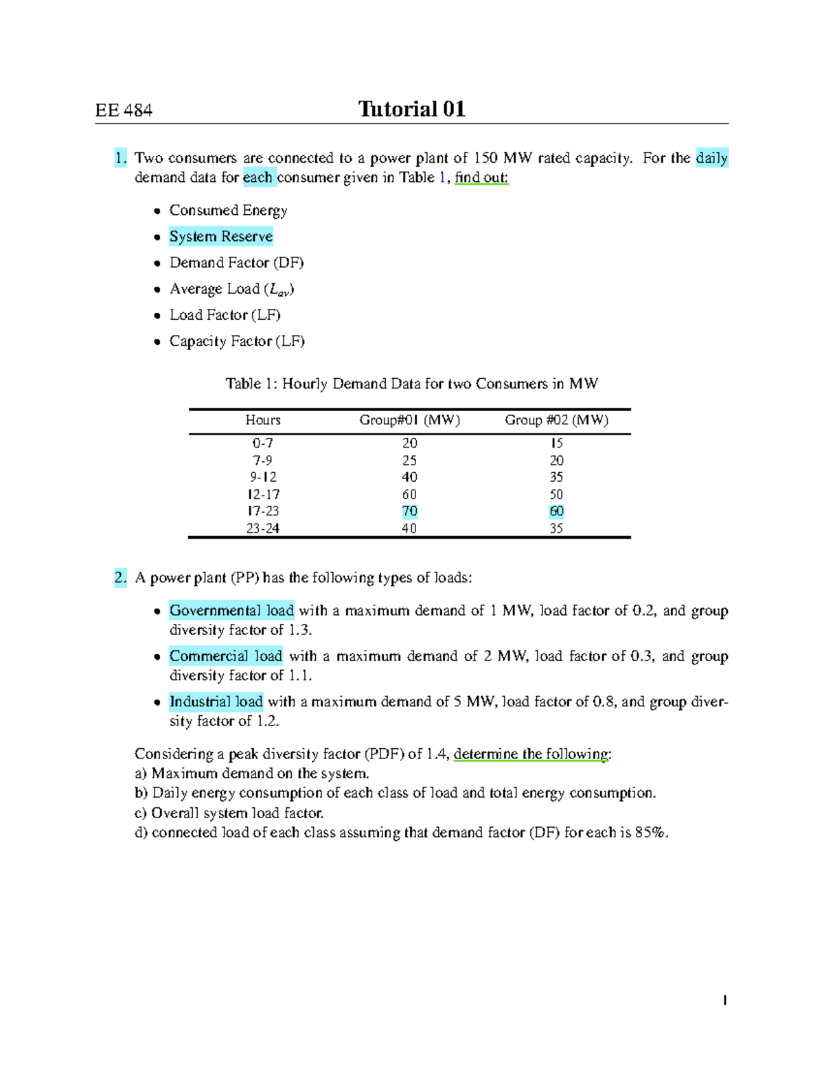Tutorial 01 EE 484: Power Plant Load Analysis and Calculations - Studocu