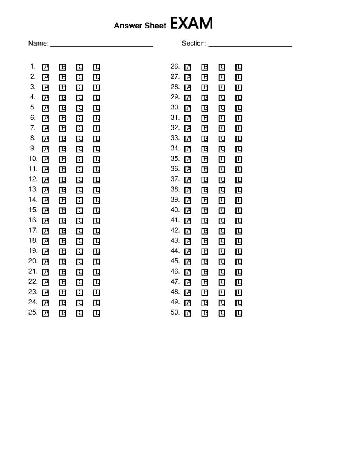 Answer Sheet for Exam: 50 Questions - Studocu