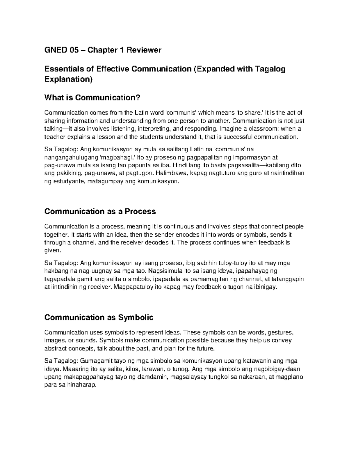 GNED 05 – Chapter 1 Communication Essentials Reviewer (Tagalog) - Studocu