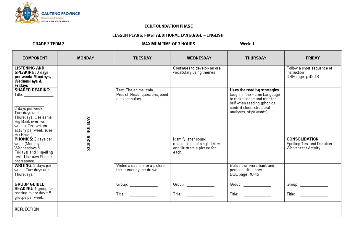EFAL GRADE 2 TERM 2 LESSON PLANS: LISTENING, READING & WRITING - Studocu