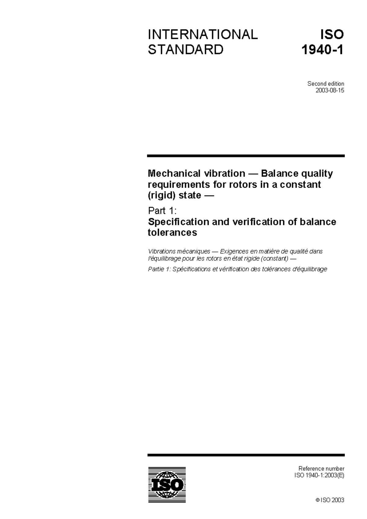 ISO 1940-1:2003 Requisitos de Calidad de Balance para Rotores Estáticos ...