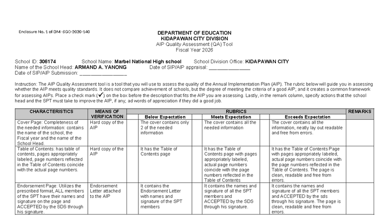 AIP Quality Assessment Tool (QA) for Fiscal Year 2026 - Tool Kit SIP ...