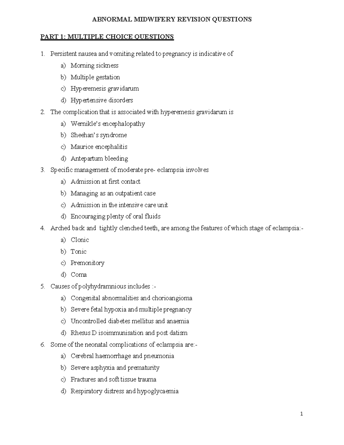 Abnormal Midwifery Revision Questions - Part 1 (MCQ) - Studocu