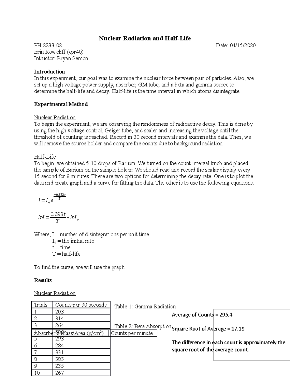 PH 2233-02 Nuclear Radiation & Half-Life Lab Report Analysis - Studocu