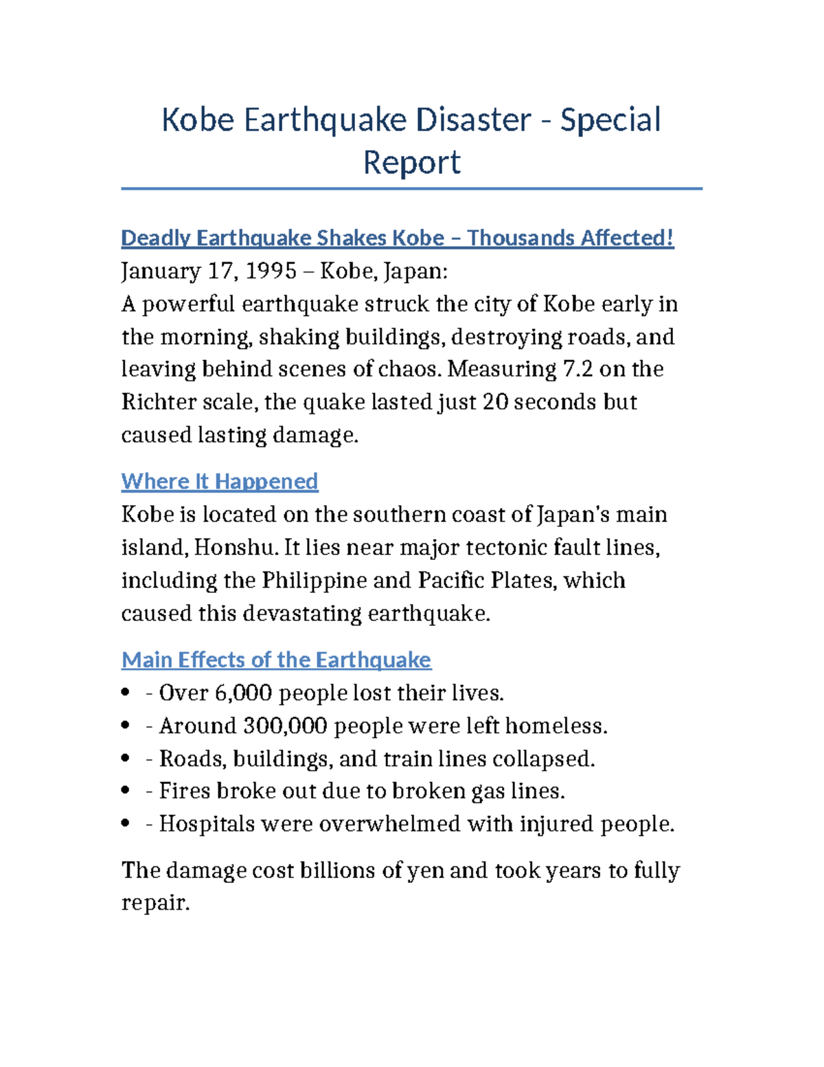 Kobe Earthquake Disaster Report: Impact and Aftermath (1995) - Studocu