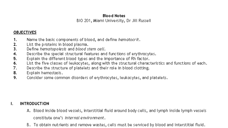 Blood Notes BIO 201 - Key Concepts and Functions of Blood - Studocu