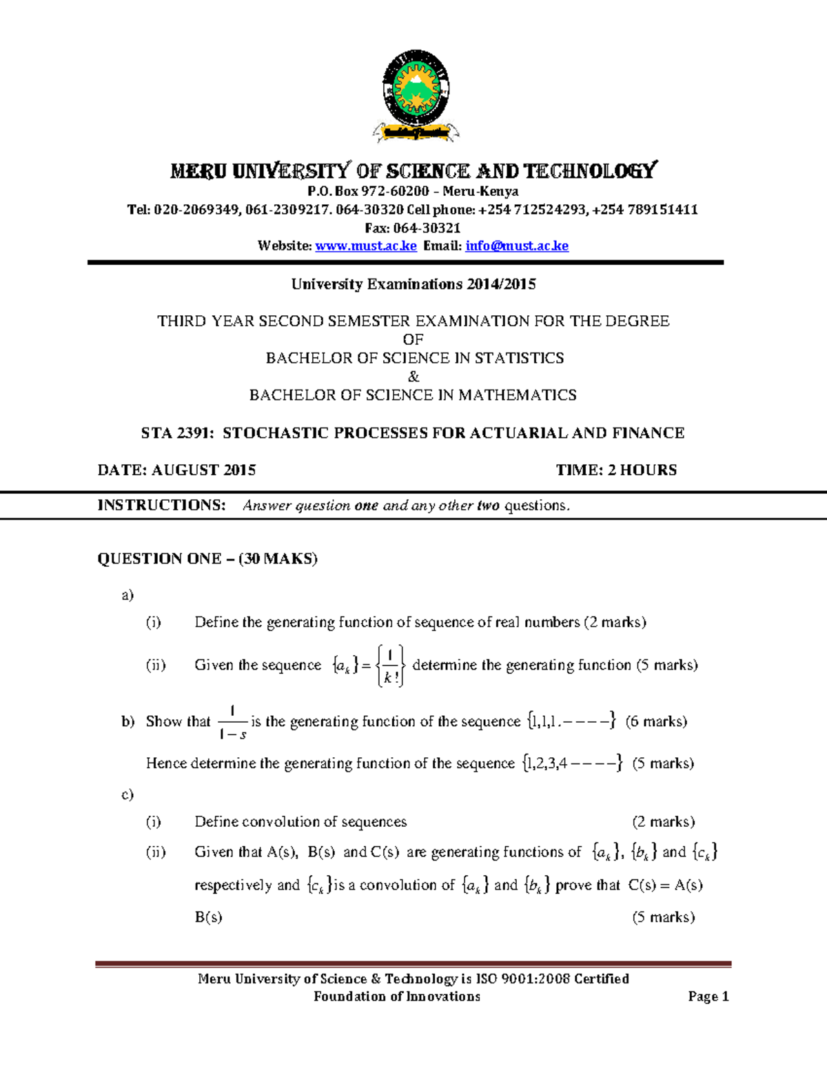 STA 2391 Final Exam: Stochastic Processes for Actuarial & Finance - Studocu