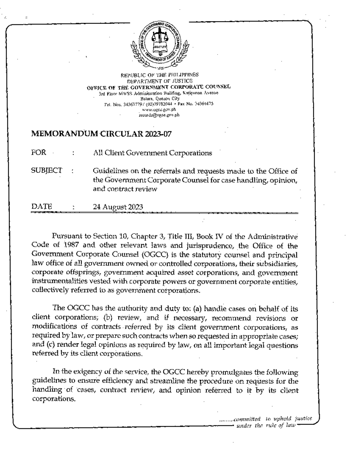 MC-2023-07 OGCC Guidelines for Contract Review and Requests - Studocu