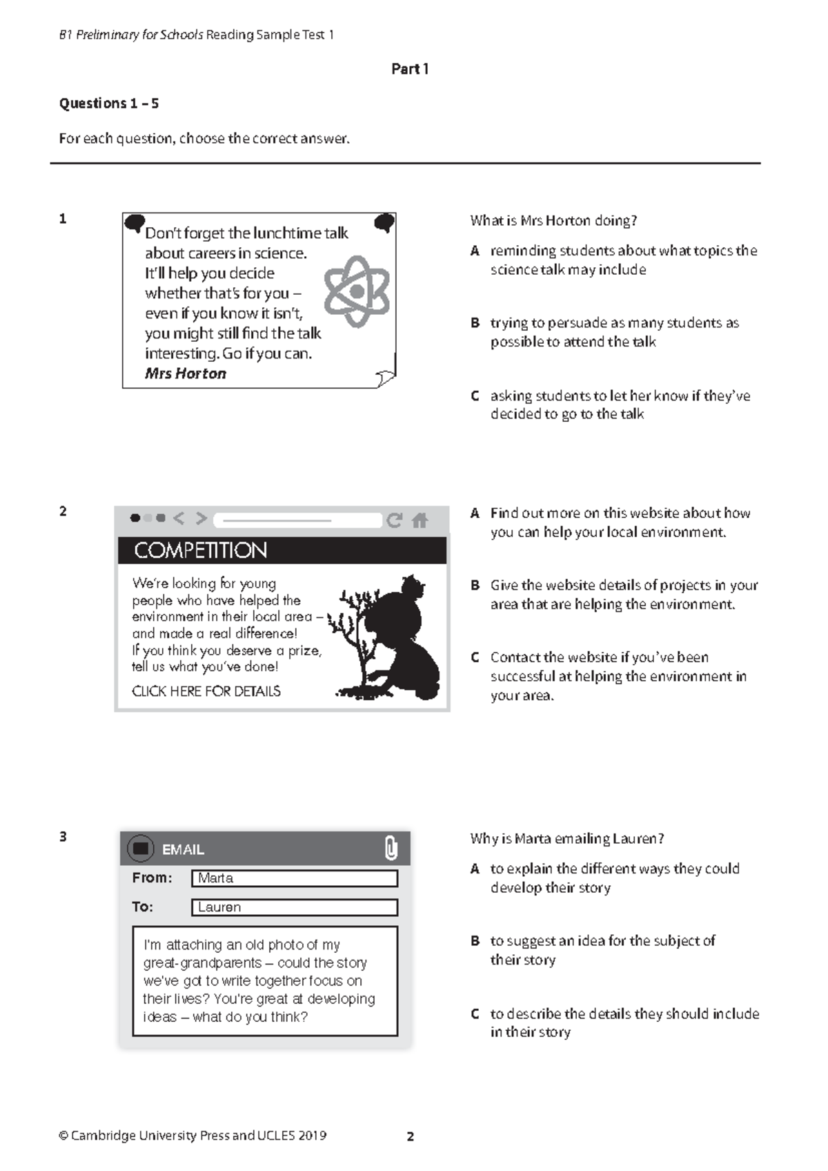 B1 - Preliminary for Schools Reading & Writing Sample Test Notes - Studocu