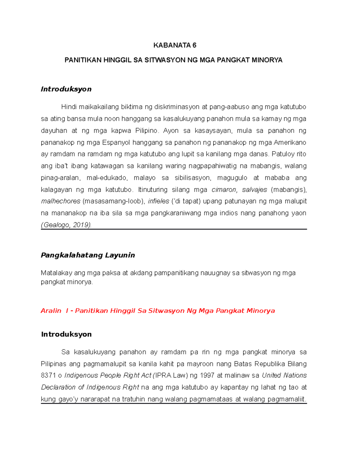 Kabanata 6: Panitikan at Sitwasyon ng mga Pangkat Minorya - Studocu