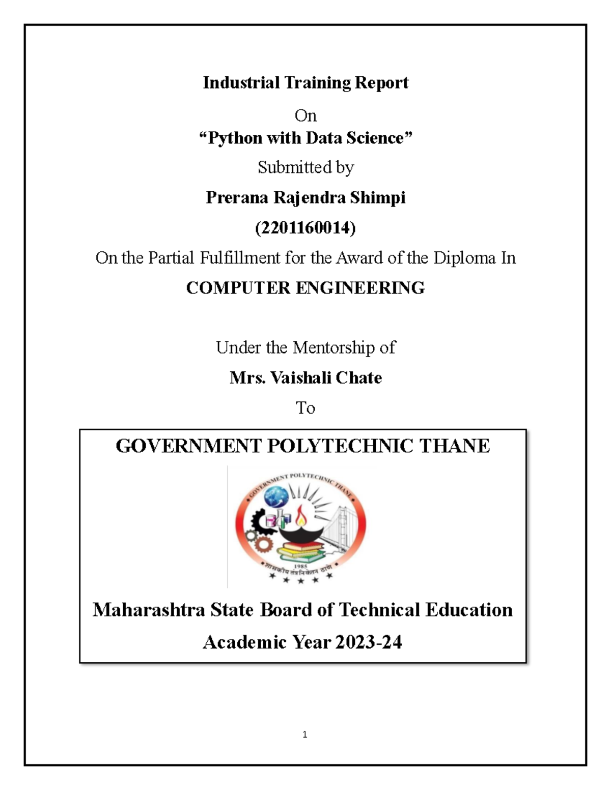 Prerana - Microproject - Industrial Training Report On “Python with ...