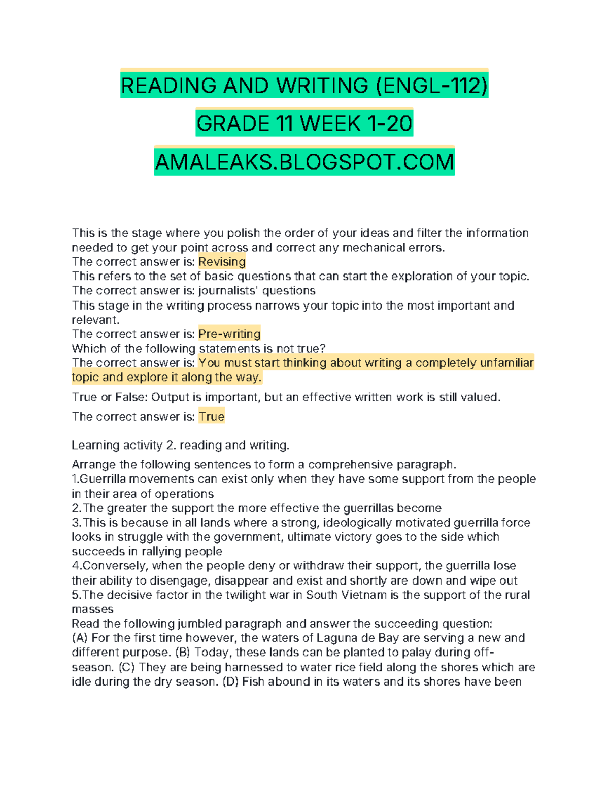 Reading and Writing (ENGL-112) Grade 11 Week 1-20 Study Guide - Studocu