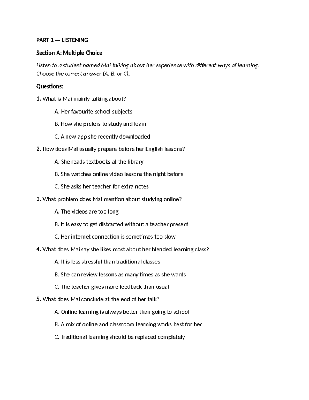 PART 1 Listening & Reading Practice: Online Learning Insights - Studocu