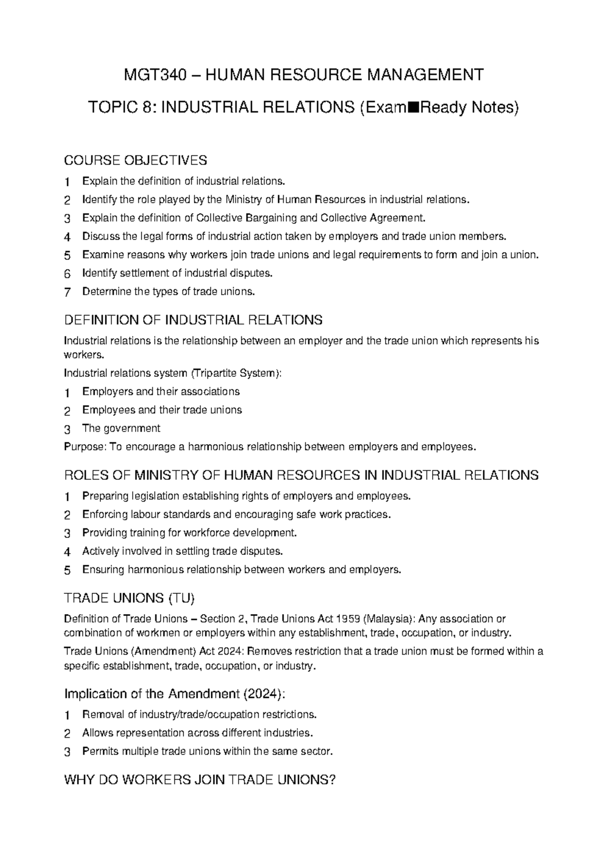 MGT340 Final Exam Notes: Topic 8 - Industrial Relations Overview - Studocu