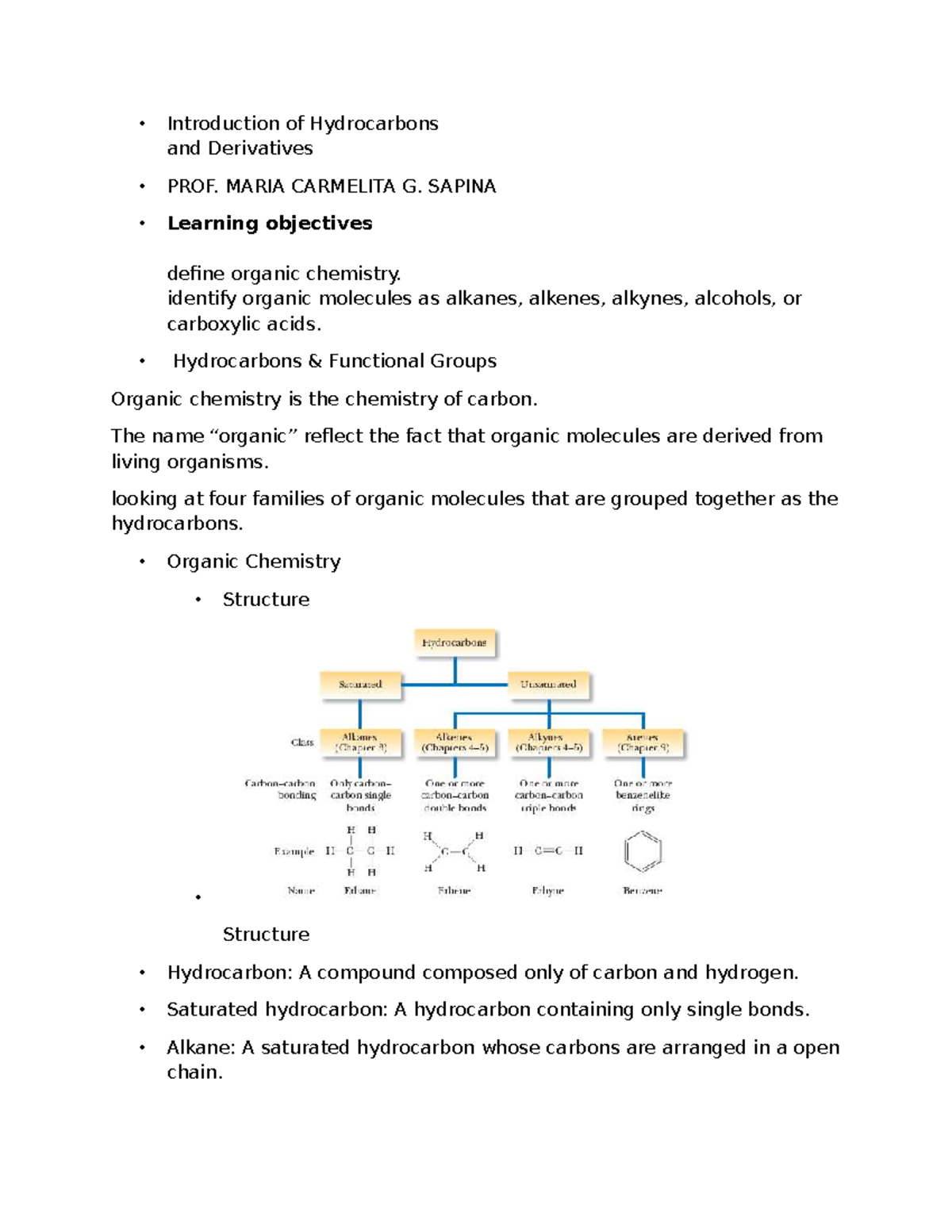 Introduction to Hydrocarbons and Derivatives (CHEM 101) Lecture Notes ...