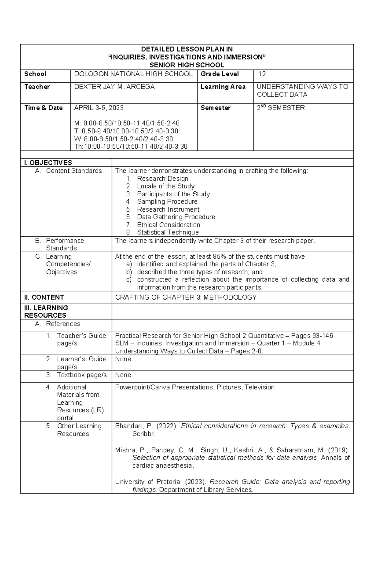 DLP Chapter 3 Research - Lesson Plan - DETAILED LESSON PLAN IN ...