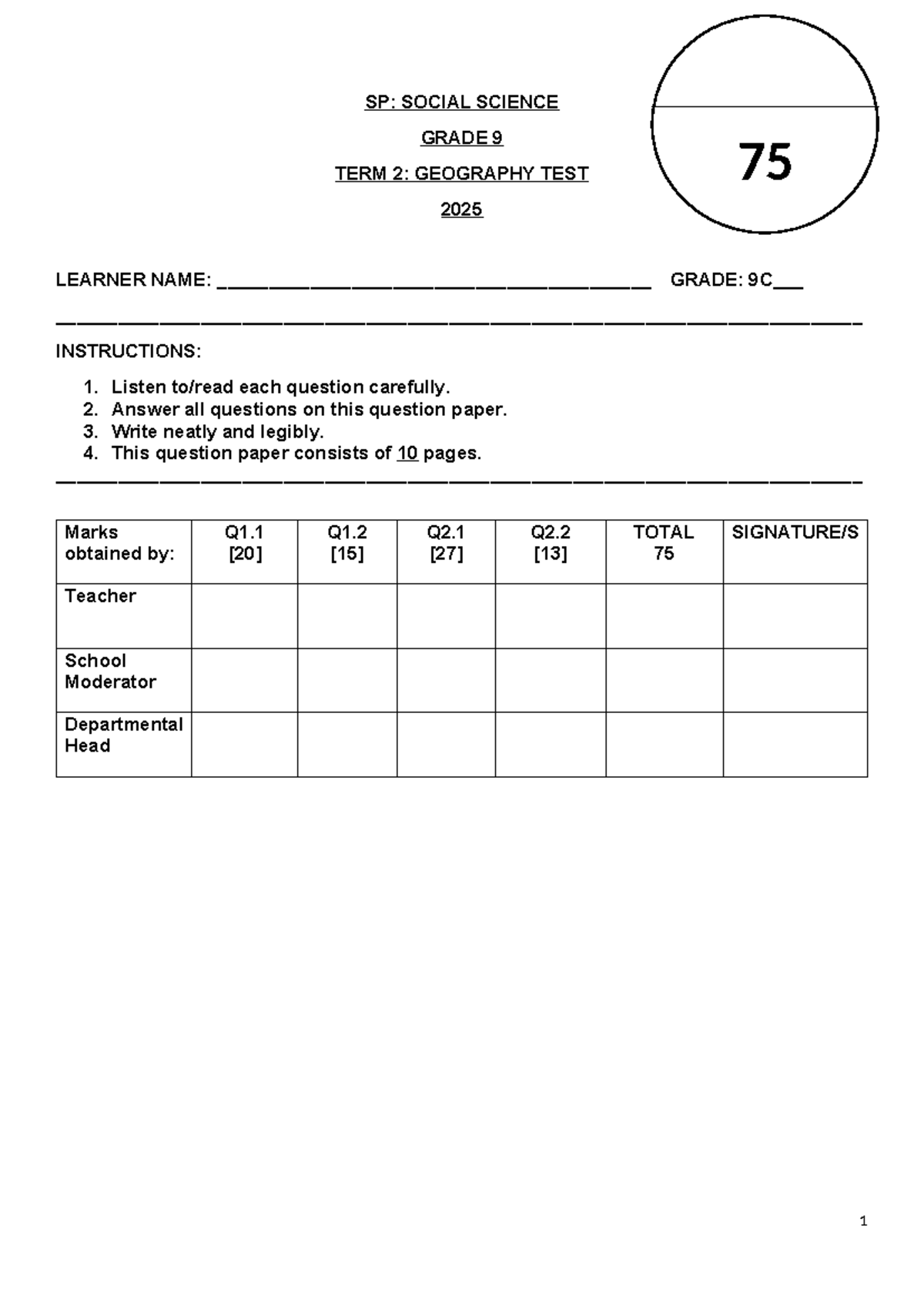 Gr9 Social Science Term 2 Geography Test 2025 - Final Exam - Studocu