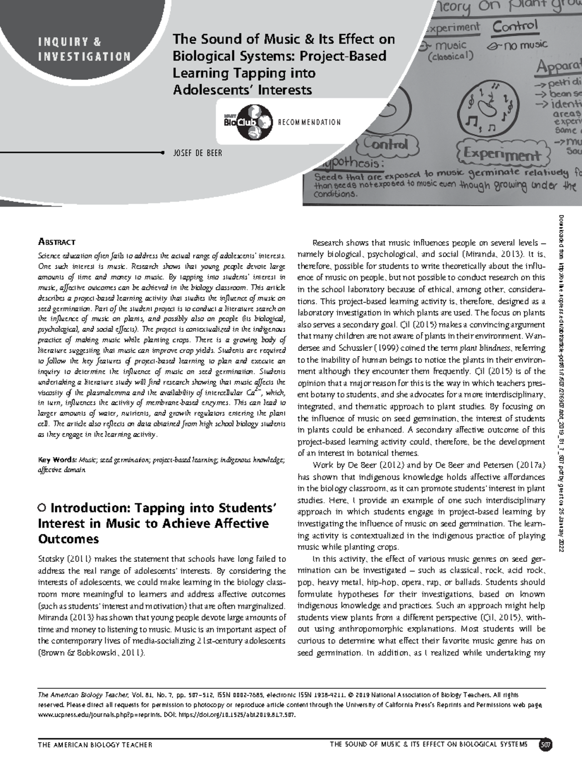 Music effect on biosystem - ABSTRACT Science education often fails to ...