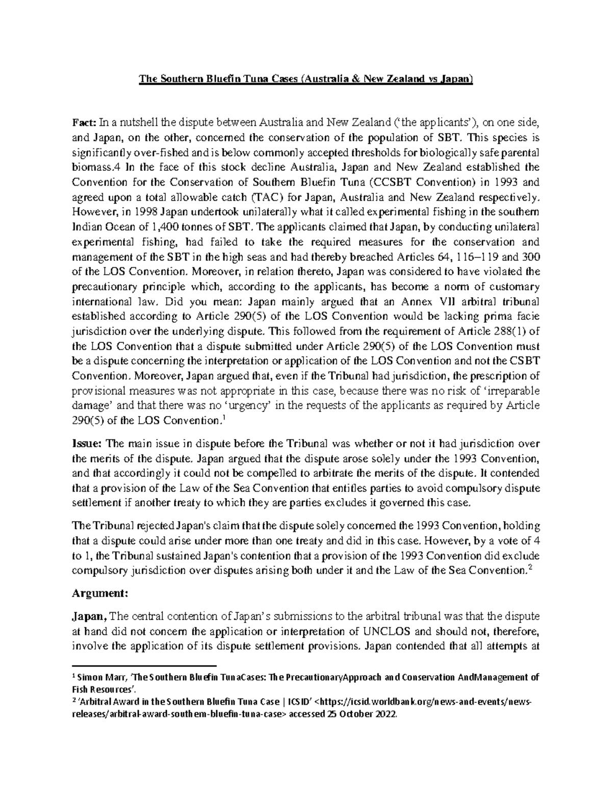Southern Bluefin Tuna Case (Australia & NZ vs Japan) - Case Summary ...