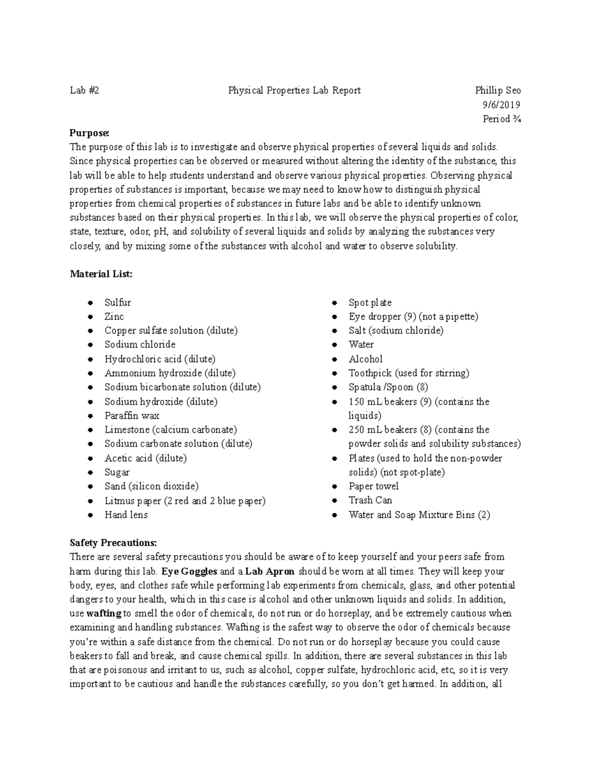 PHYS 101: Lab #2 - Exploring Physical Properties of Liquids and Solids ...