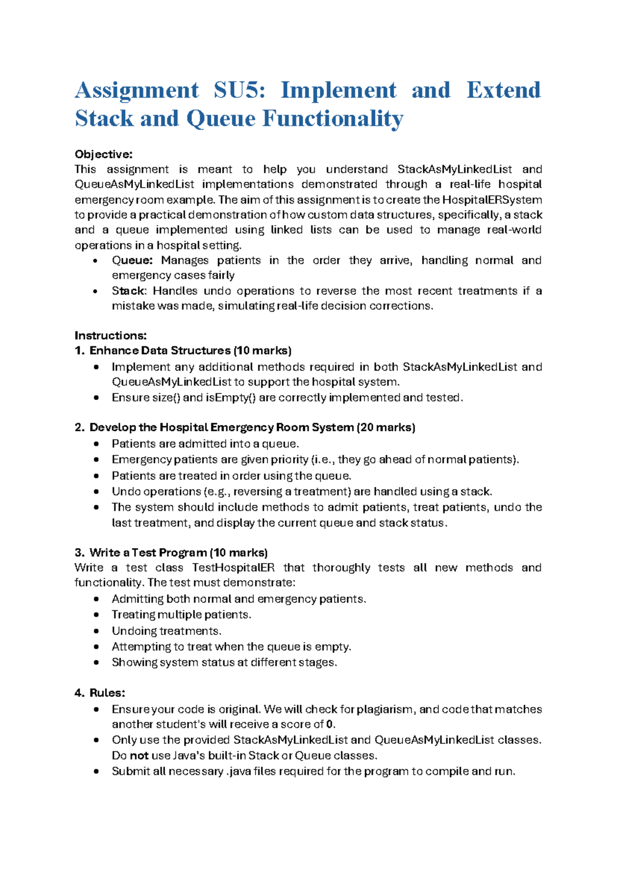 Assignment SU5: Hospital Emergency Room System Implementation - Studocu