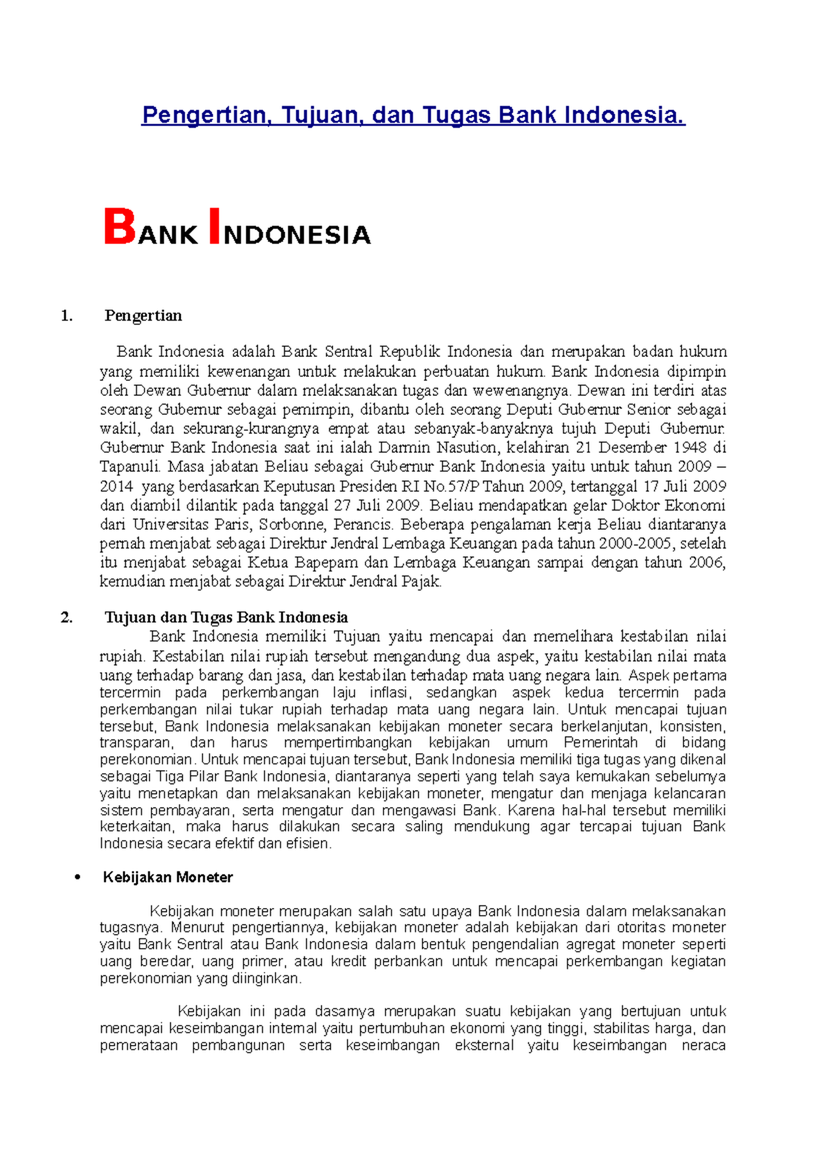 Pengertian, Tujuan, dan Tugas Bank Indonesia: Panduan Lengkap - Studocu