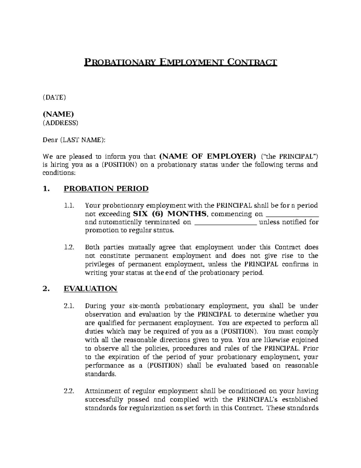 Probationary Employment Contract (Position) - Terms & Conditions - Studocu