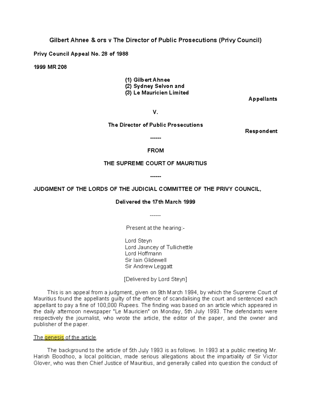 Gilbert Ahnee & Ors v DPP 1999 - Privy Council Appeal Summary LLB - Studocu