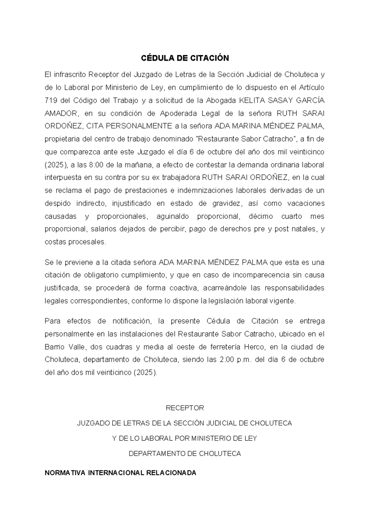 Cédula de Citación Laboral - Caso Ruth Sarai Ordóñez vs. ADA MÉNDEZ ...