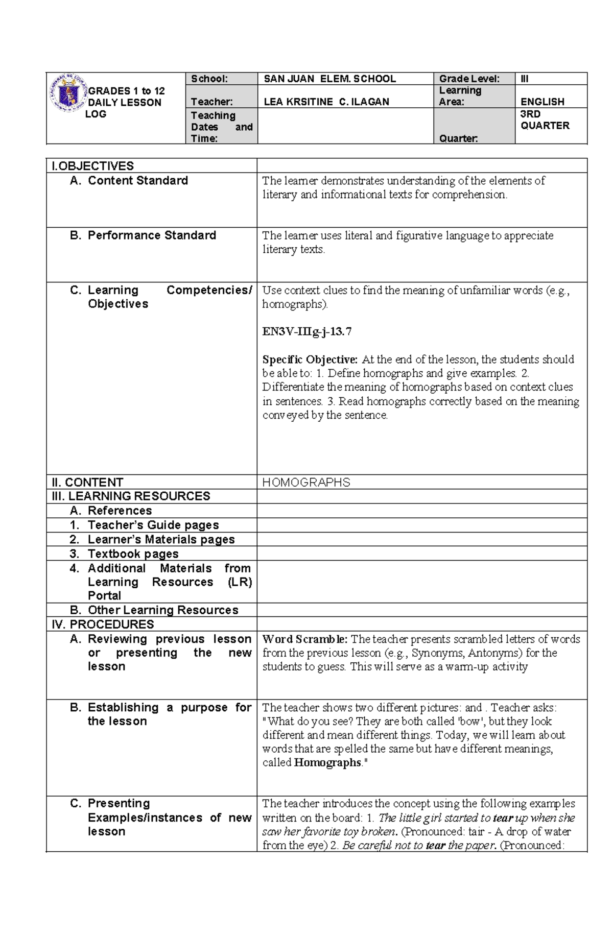 ENGLISH 3RD QUARTER LESSON PLAN: HOMOGRAPHS & CONTEXT CLUES - Studocu