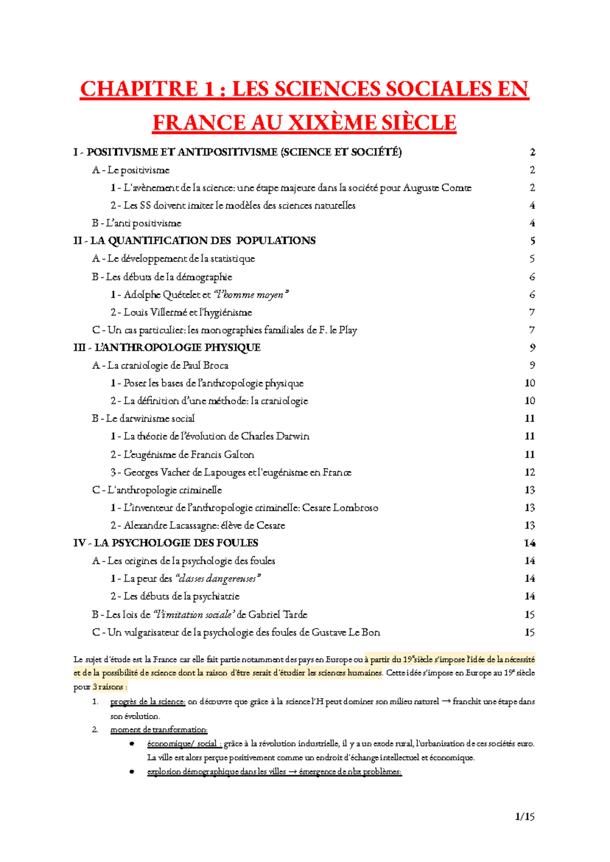 CH 1 - Les Sciences Sociales en France au XIXe Siècle : Positivisme et ...