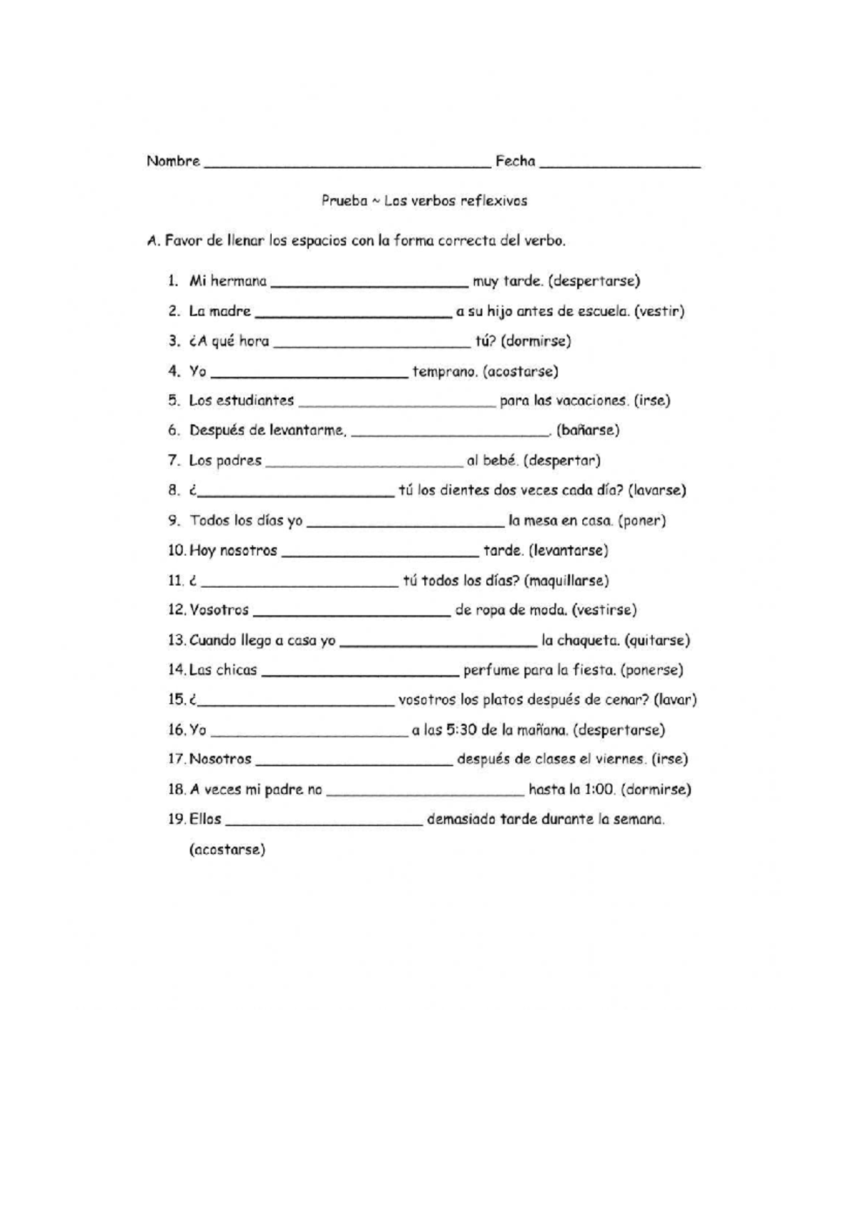 Prueba de Verbos Reflexivos - Ejercicios y Respuestas - Studocu