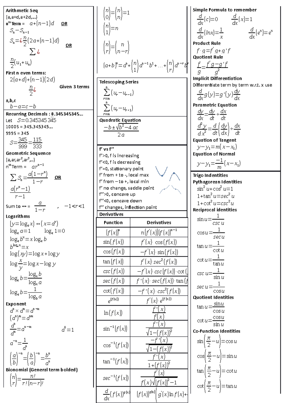Math Cheat Sheet: Sequences, Series, Trigonometry, and Integration ...