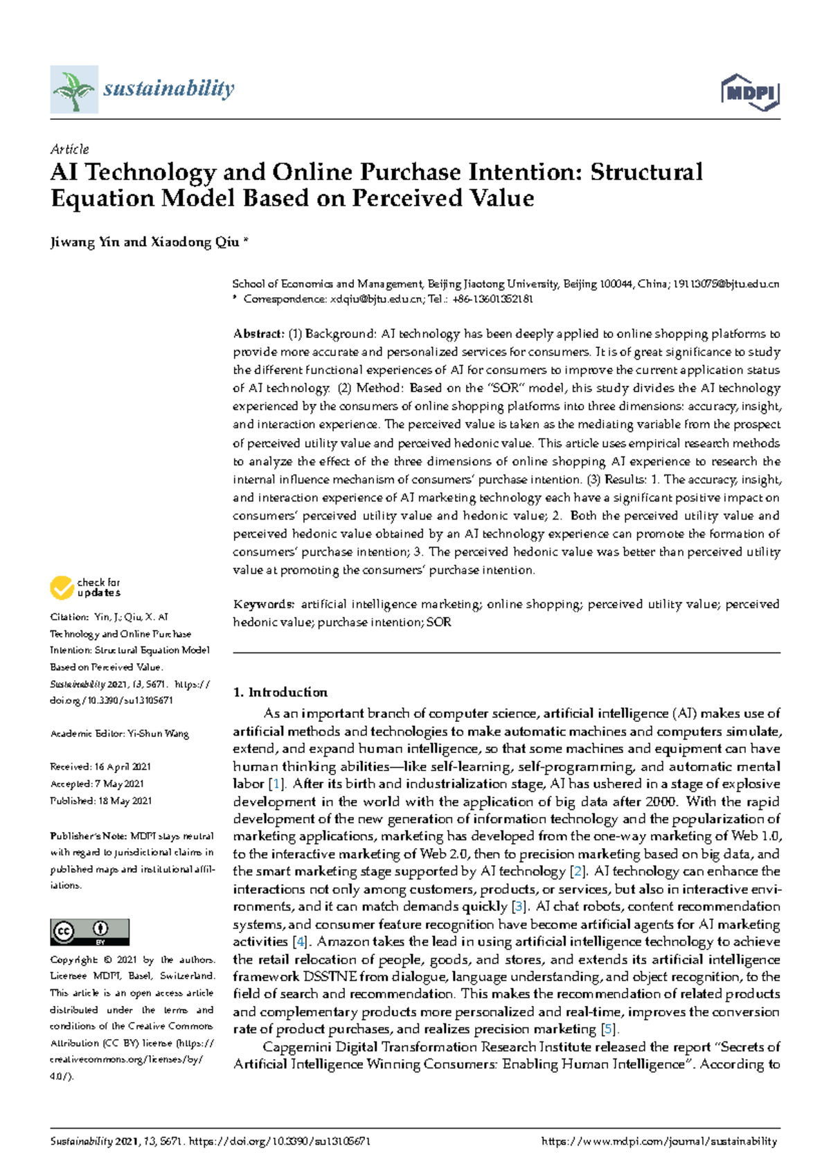 AI Technology Impact on Online Purchase Intention: SOR Model Study ...