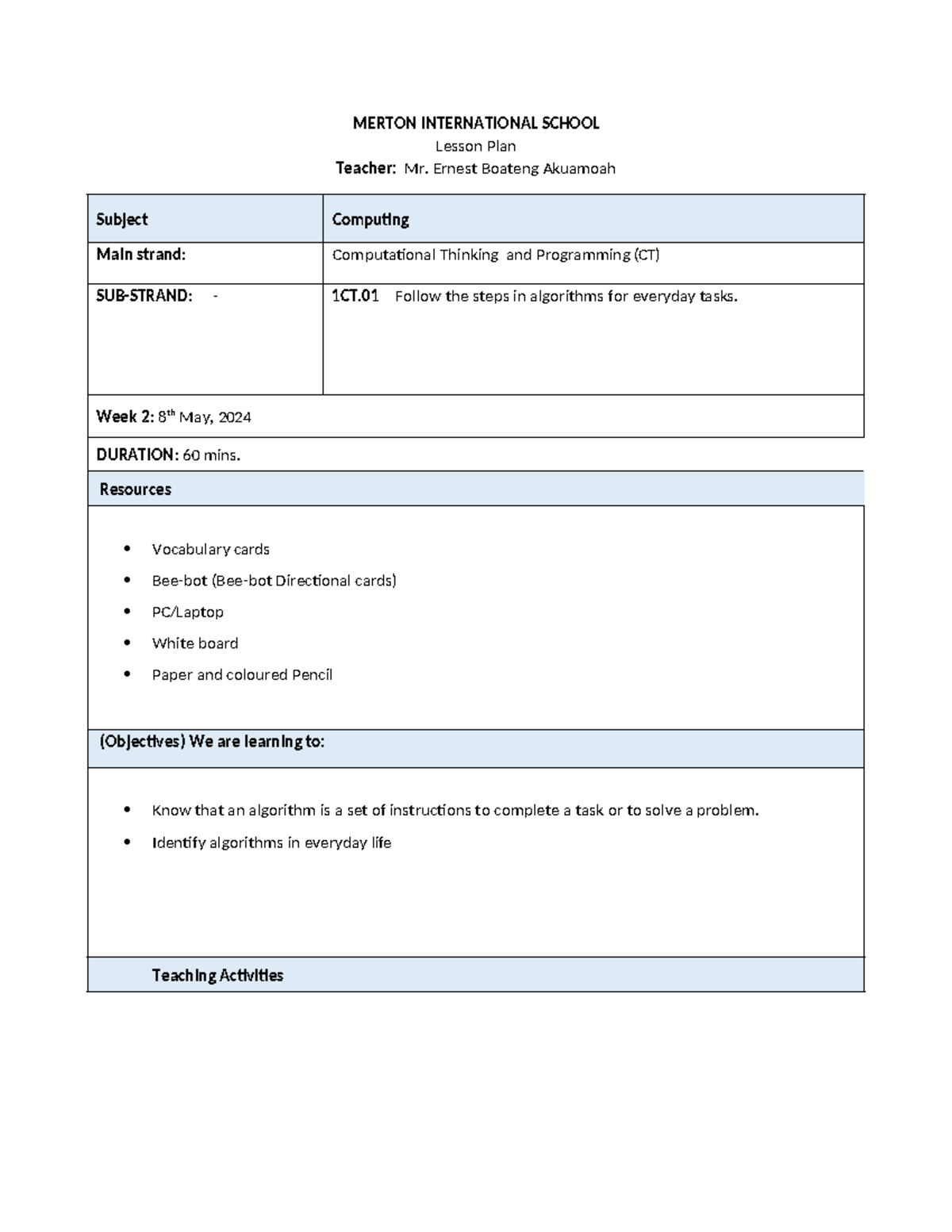 MERTON INTERNATIONAL SCHOOL Computing Lesson Plan (CT 1CT.01) - Studocu