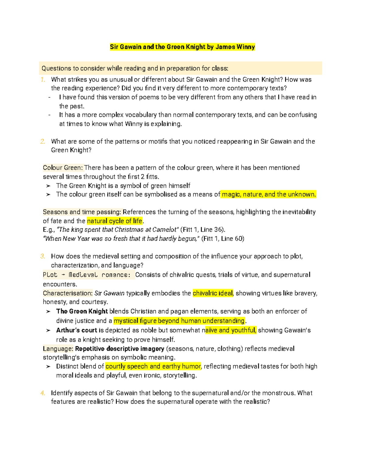 Sir Gawain and the Green Knight: Pre-Reading Guide for Analysis - Studocu