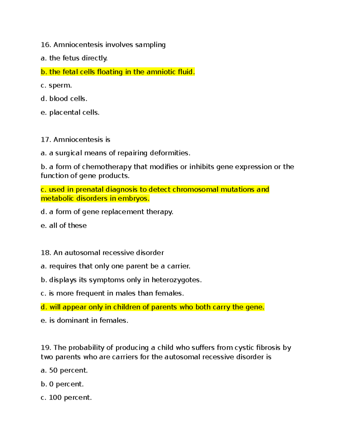 Genetic Disorders Quiz: Amniocentesis & Autosomal Recessive (BIOL 101 ...