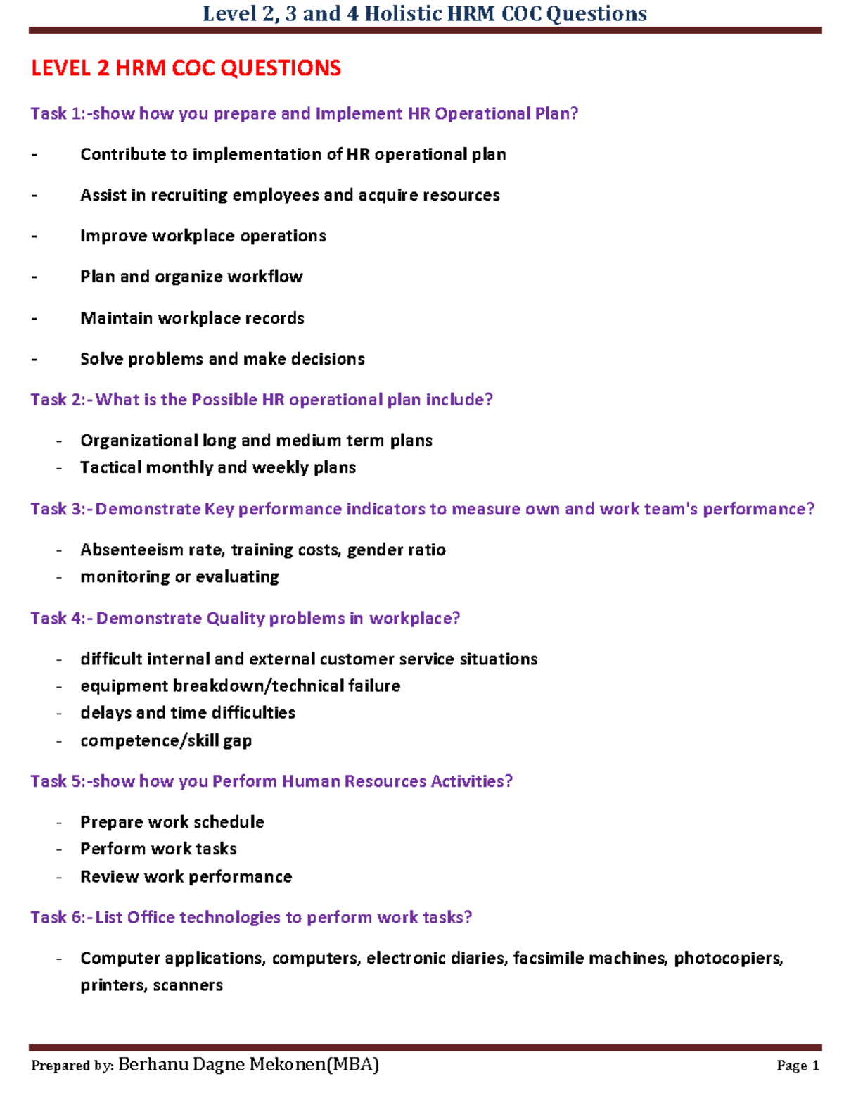 HRM COC Questions: Levels 2-4 Comprehensive Guide for Assessment - Studocu