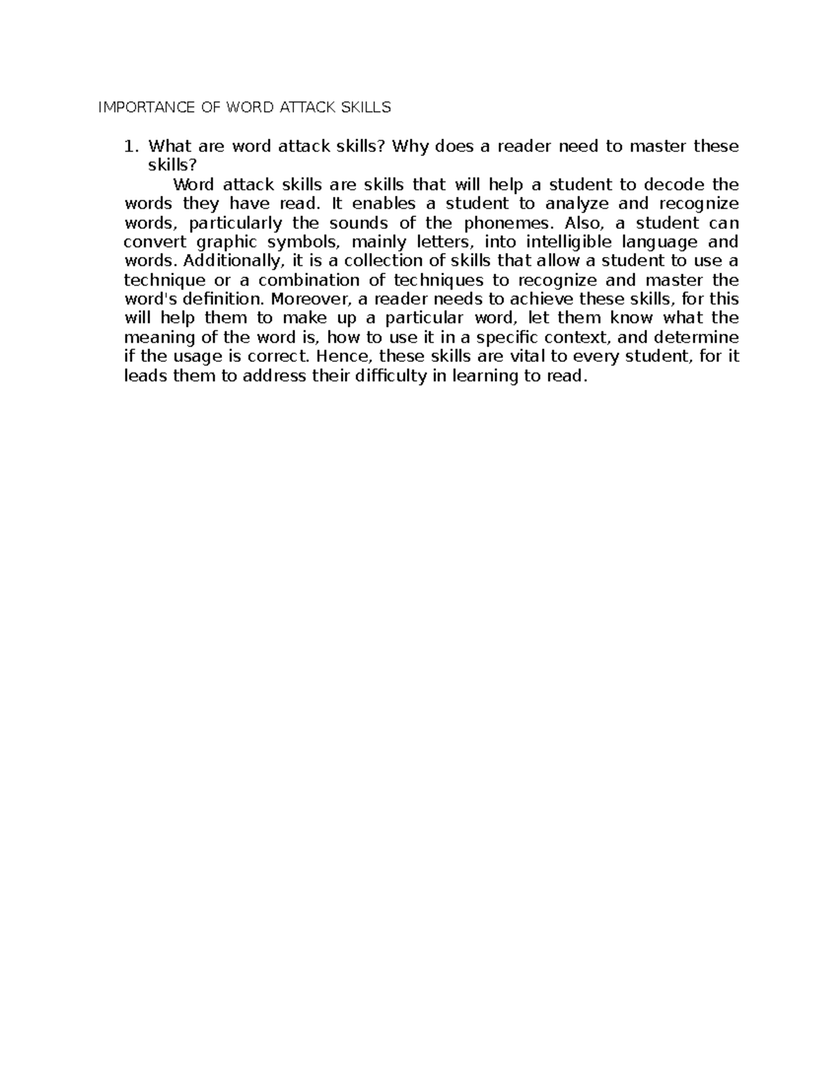 Importance OF WORD Attack Skills - IMPORTANCE OF WORD ATTACK SKILLS ...